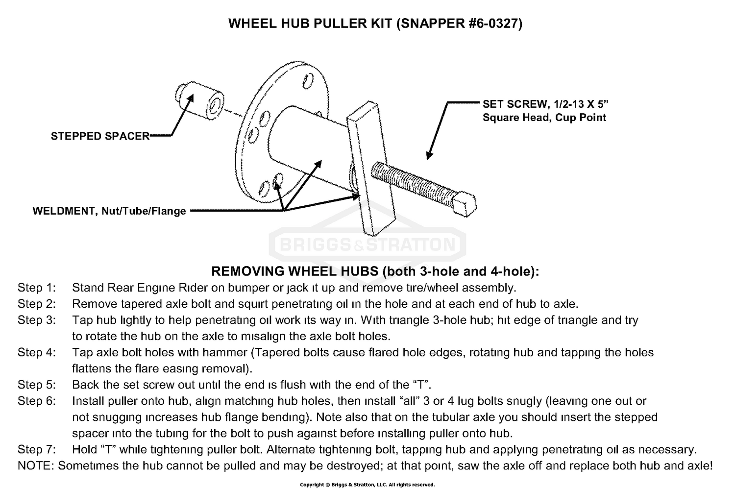 Snapper 7060327 - Wheel Hub Puller Kit Parts Diagrams
