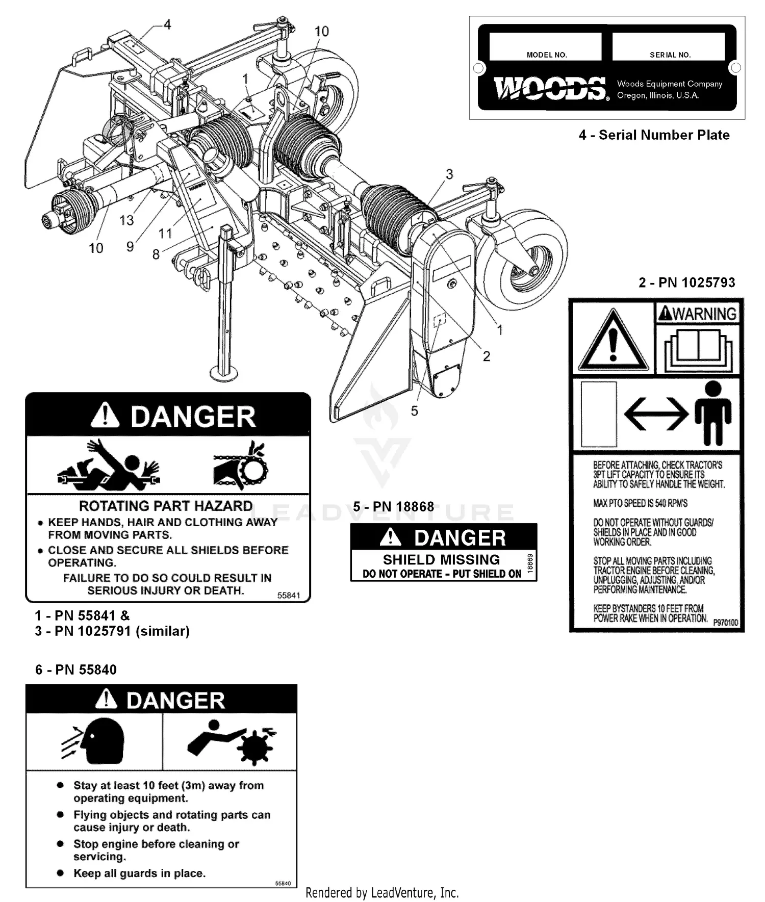 Woods TPR7 Tractor Mounted Power Rake Parts Diagrams