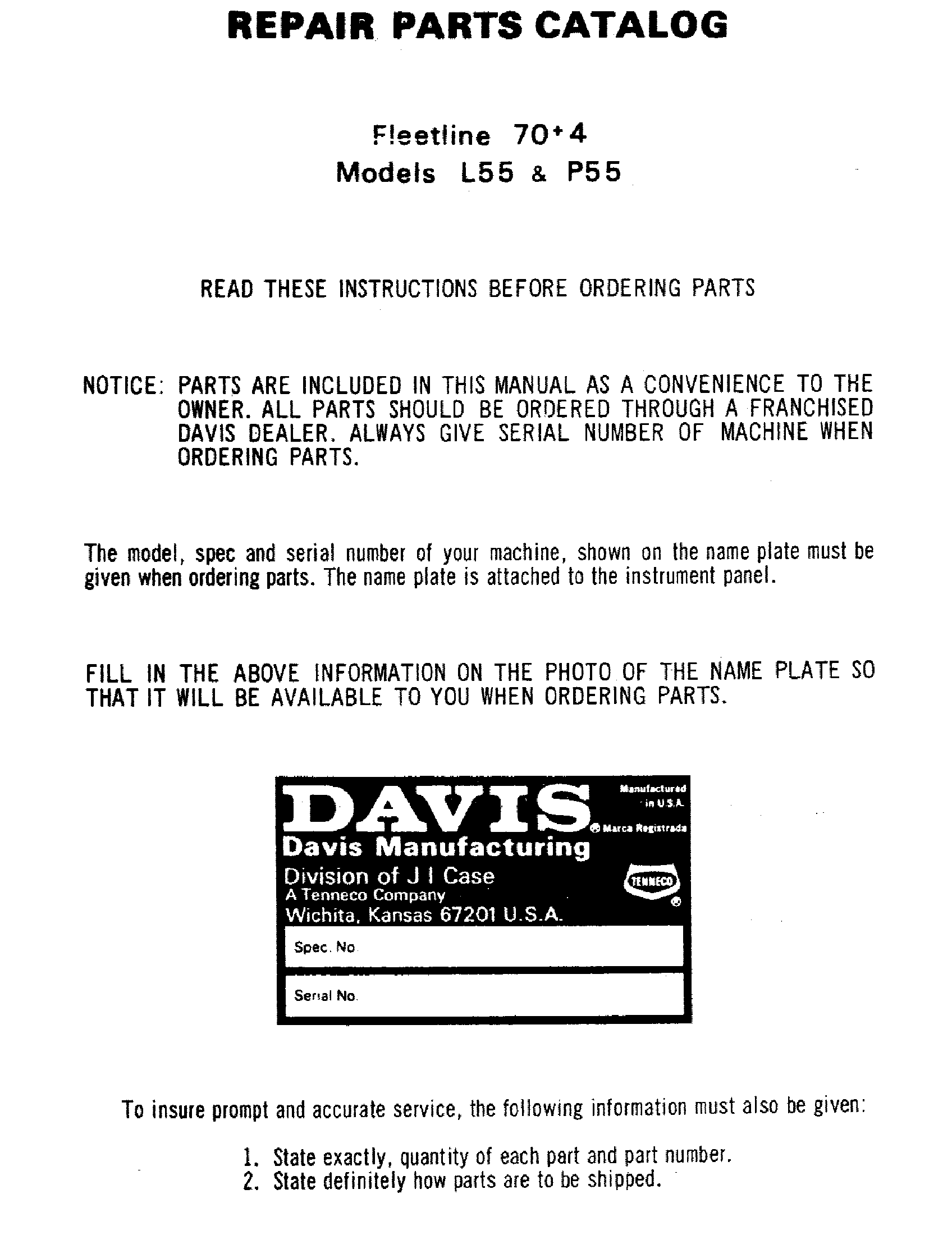 Case IH P55 DAVIS FLEETLINE 70+4 TRENCHER 01/70 12/79 Parts Diagrams