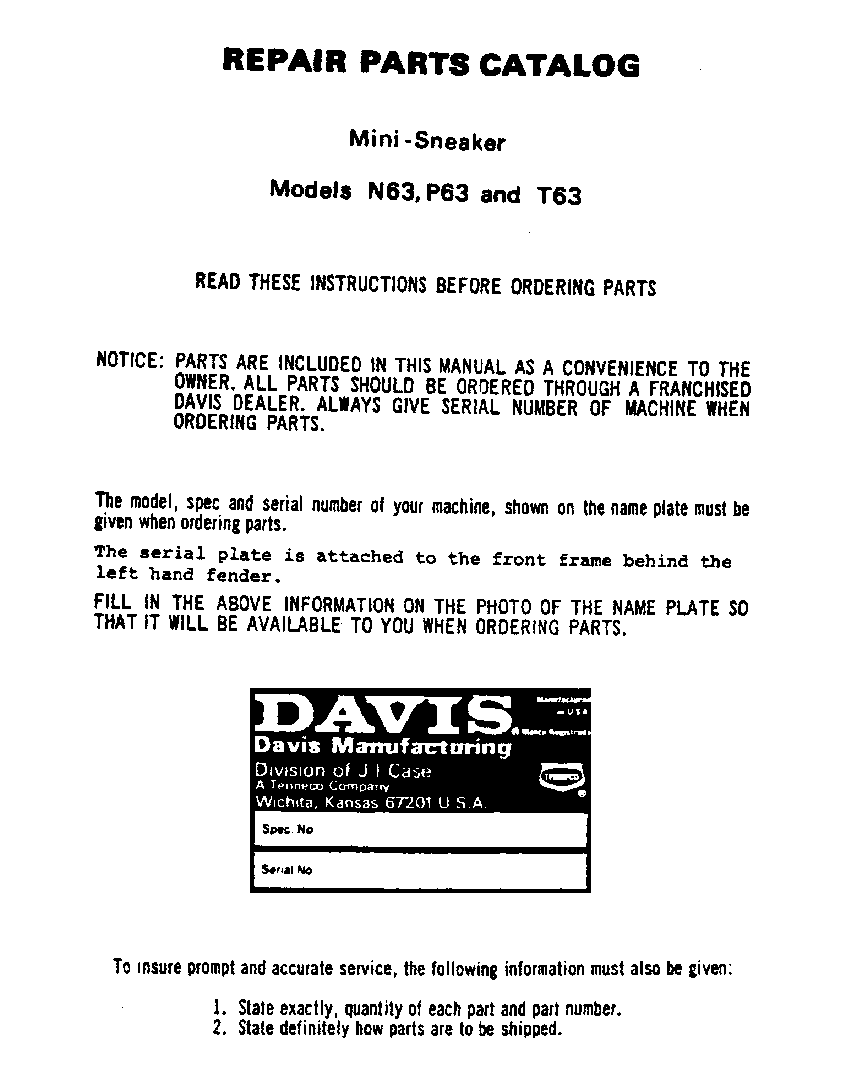Case IH N63 DAVIS MINI-SNEAKER CABLE LAYER 01/78 12/88 Parts Diagrams